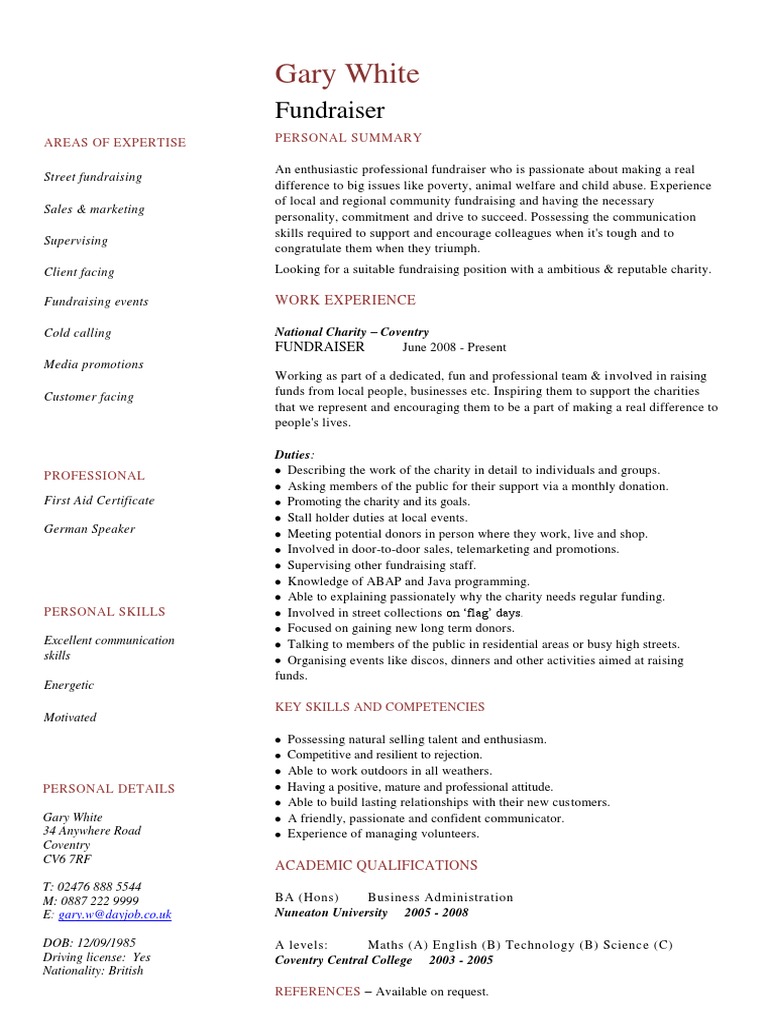 Fundraiser CV Template | PDF | Fundraising | Charitable Organization