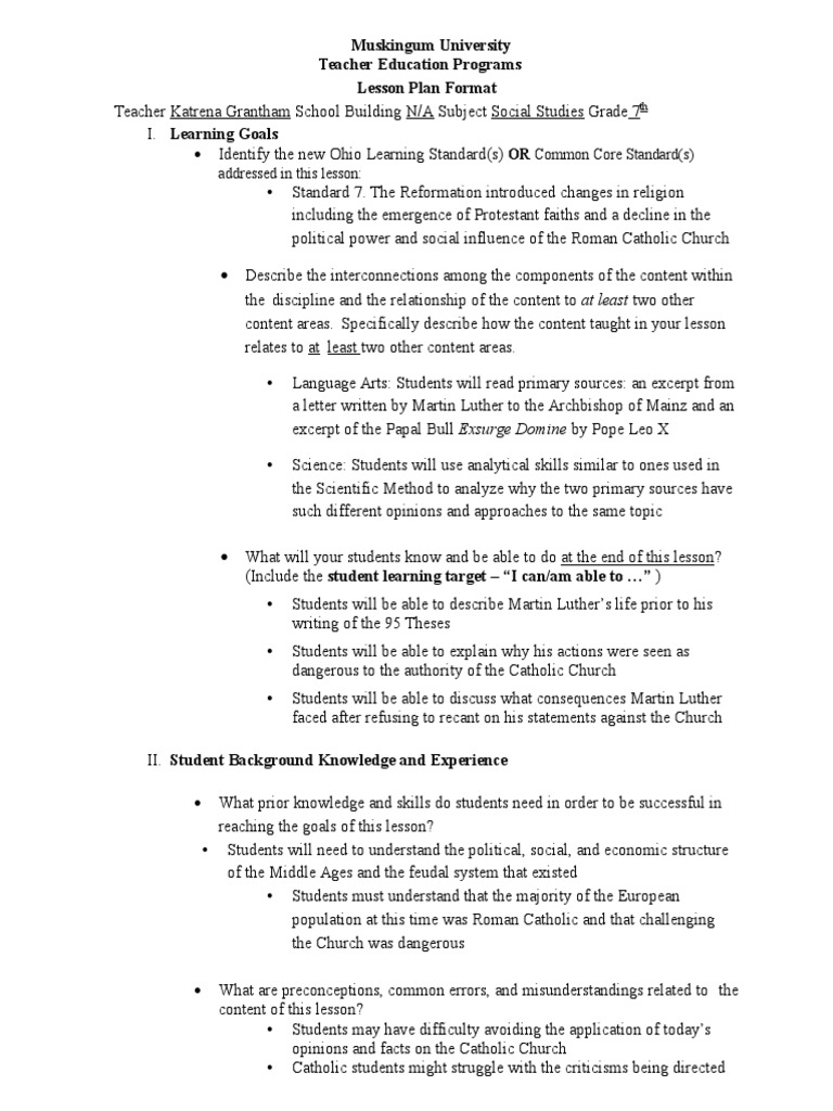Lesson Plan On Martin Luther | PDF | Martin Luther | Catholic Church