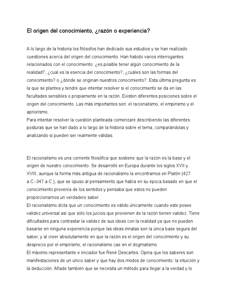 Origen Del Conocimiento | PDF | Racionalismo | Empirismo
