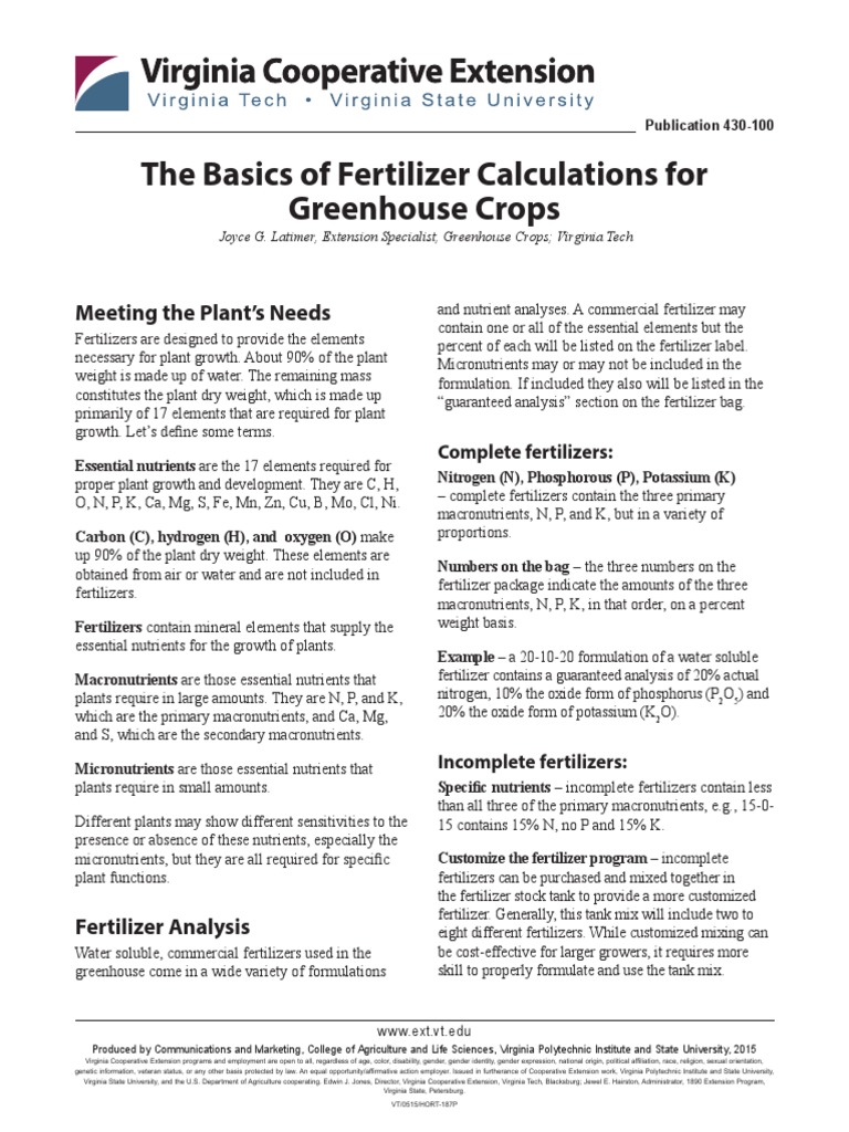 The Basics of Fertilizer Calculations For Greenhouse Crops: Meeting The ...