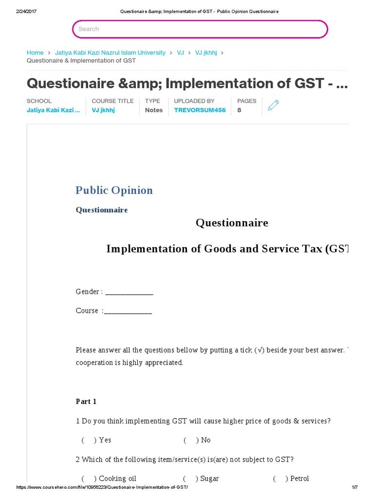 Questionaire & Implementation of GST - Public Opinion Questionnaire ...
