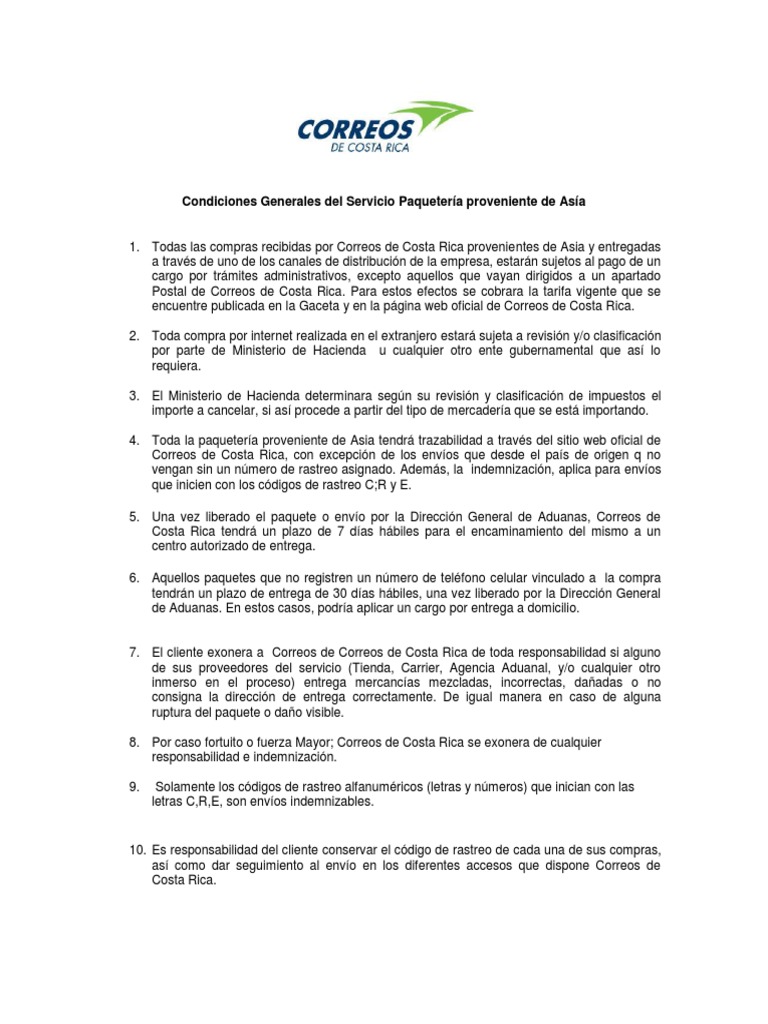 Terminos y Condiciones de Las Compras Por Internet - Correos CR | PDF | aduana | Correo