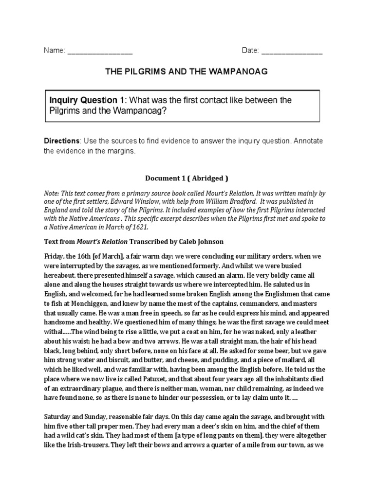 The Pilgrims and The Wampanoag: Name: - Date | PDF