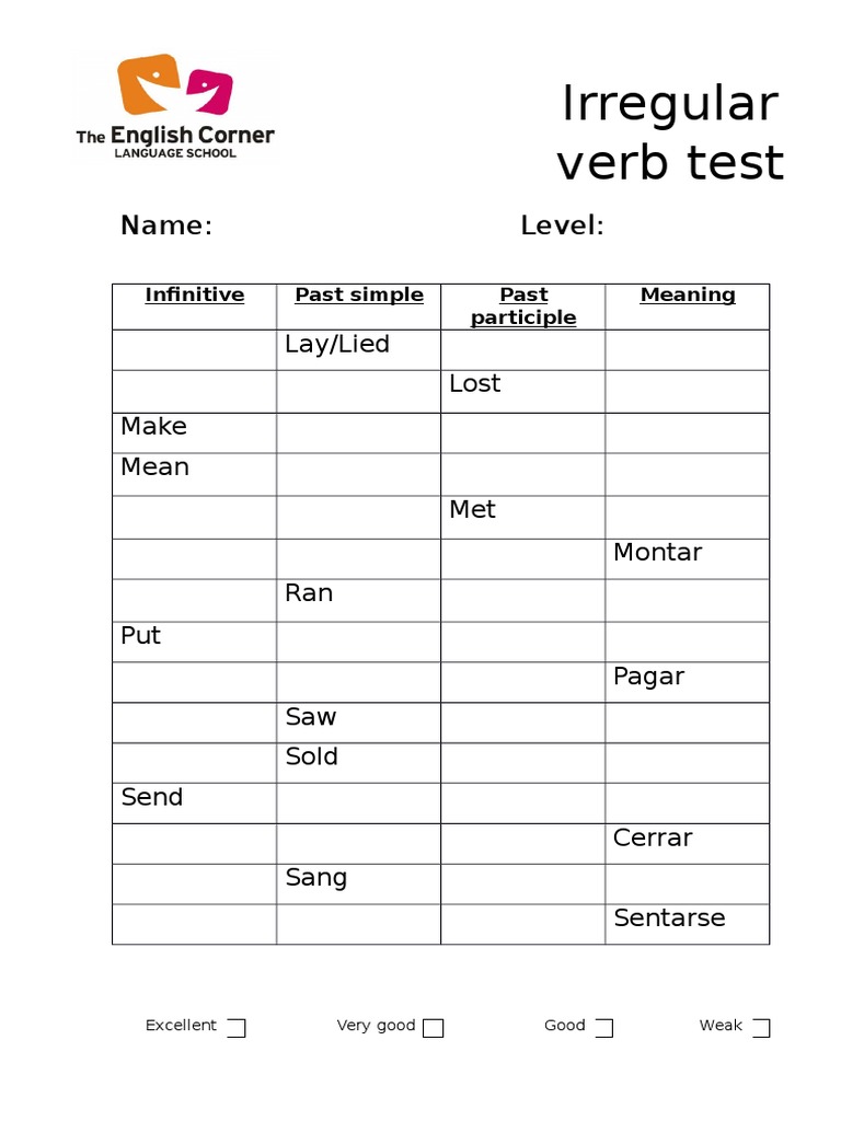Irregular Verb Test Worksheet | PDF