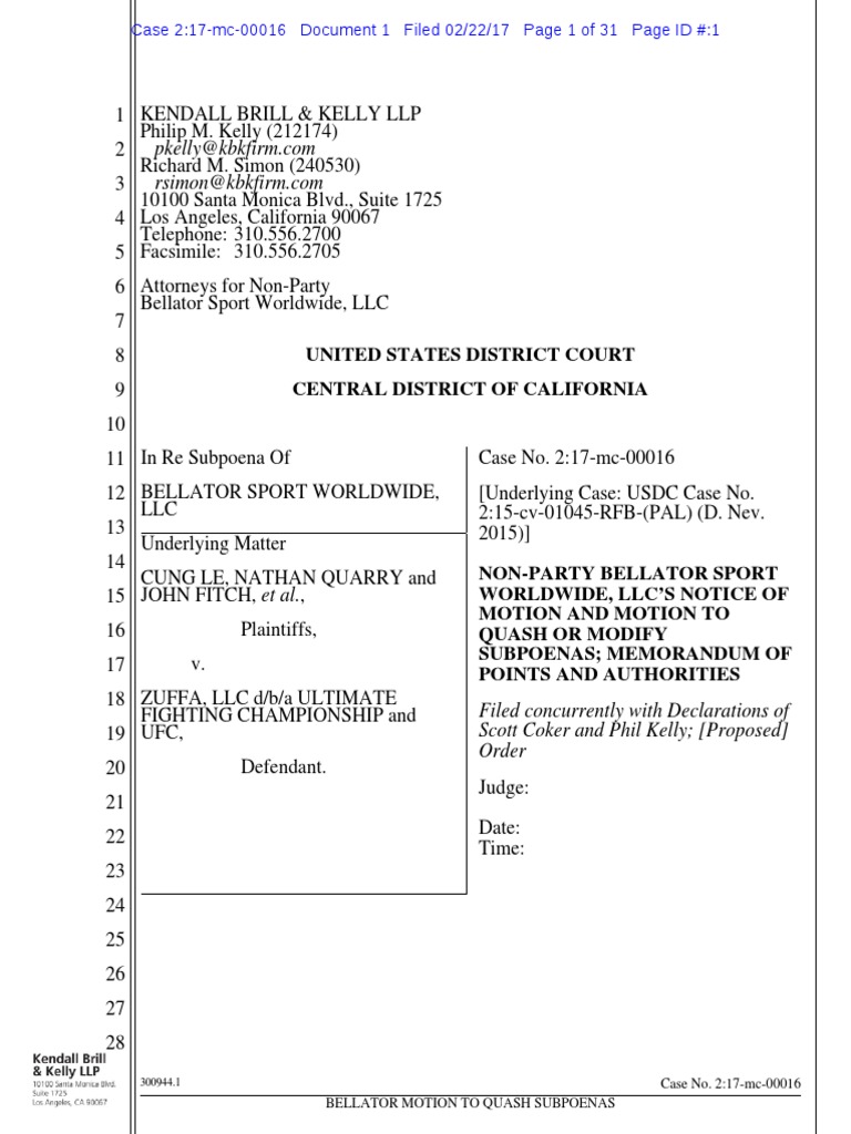 Bellator Motion To Quash Subpoena | PDF
