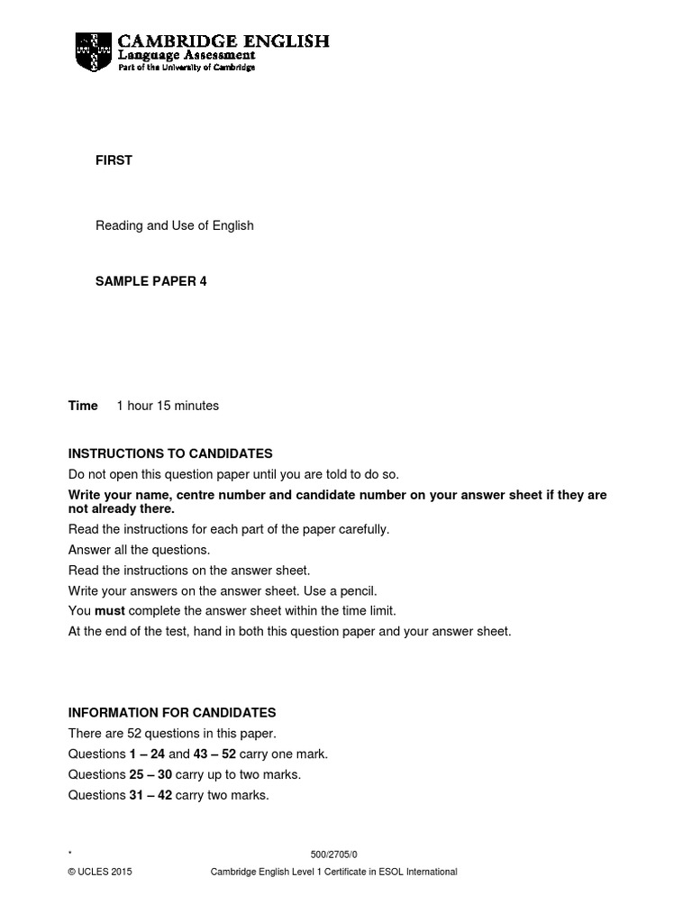 Cambridge English First Sample Paper 4 Read & Use English v2 | PDF ...