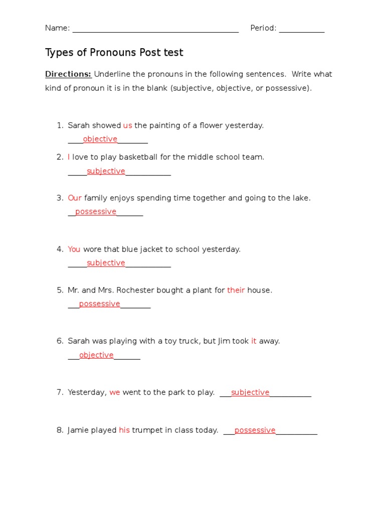 Pronoun Test Rubric | PDF
