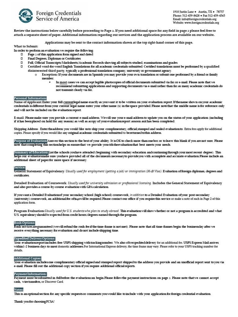 FCSA Credential Evaluation Application Guide | PDF | United States ...