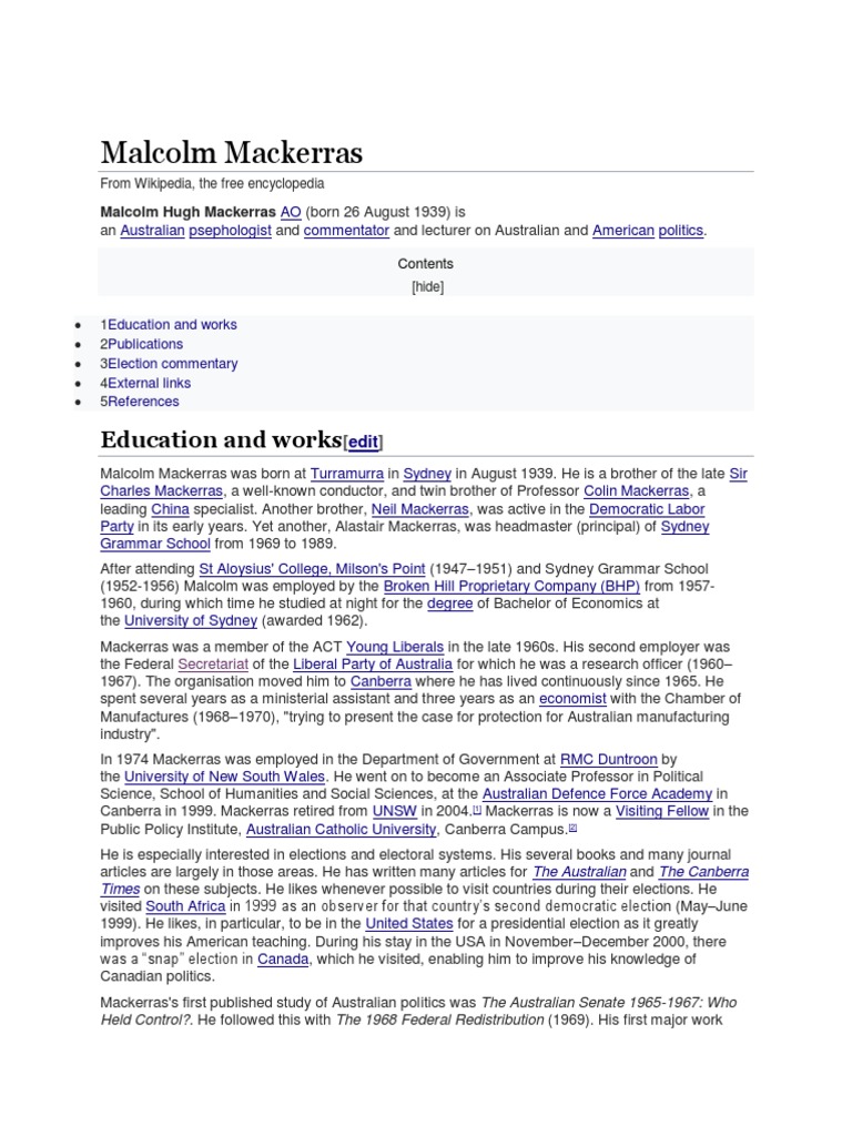Malcolm Mackerras: Education and Works | PDF | Government | Elections