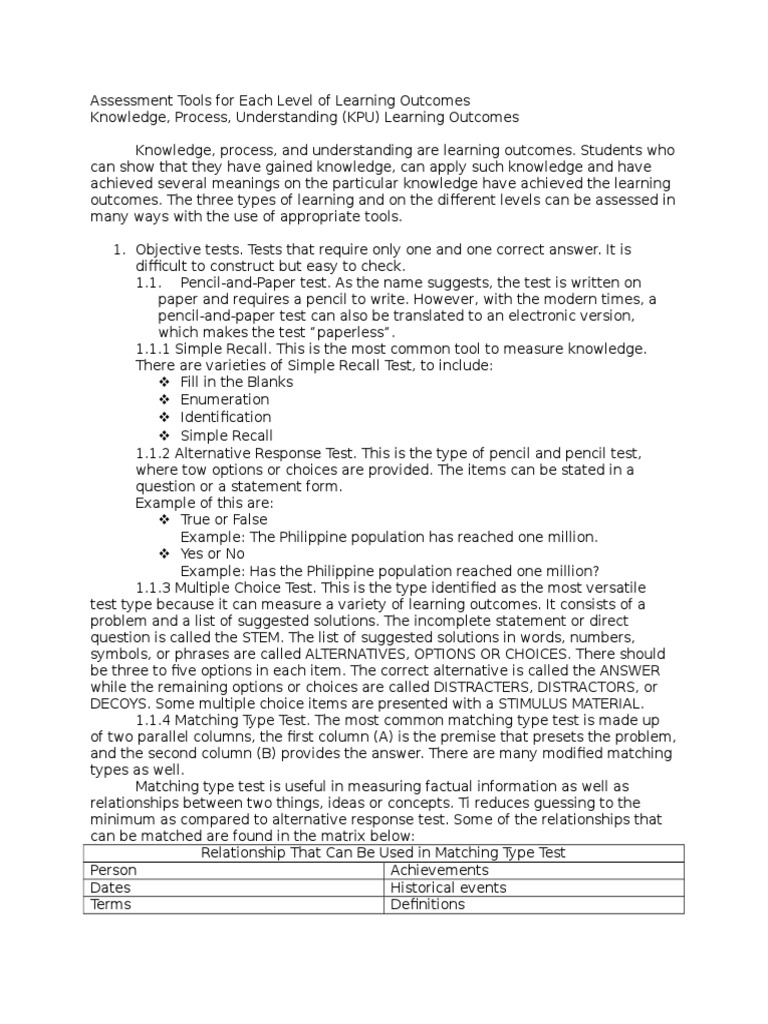 Assessment Tools for Measuring Knowledge, Process, and Understanding ...