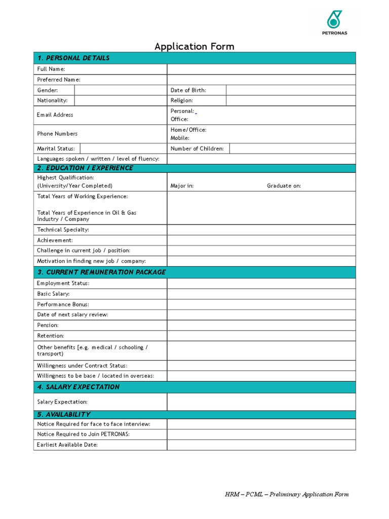 PETRONAS Preliminary Application Form | PDF