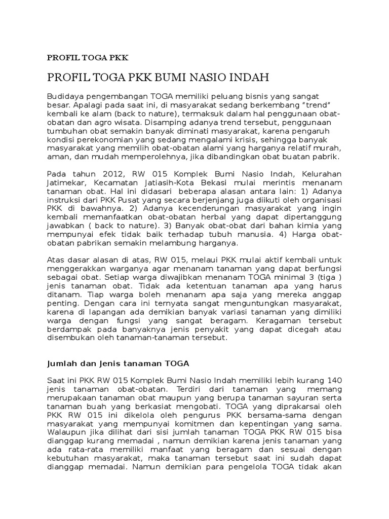 Pengembangan TOGA PKK Bumi Nasio Indah | PDF