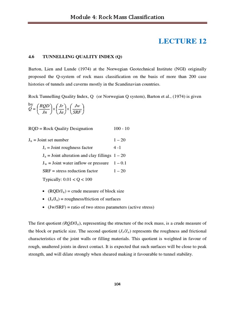 Module 4: Rock Mass Classification: 4.6 Tunnelling Quality Index (Q) | PDF | Strength Of ...