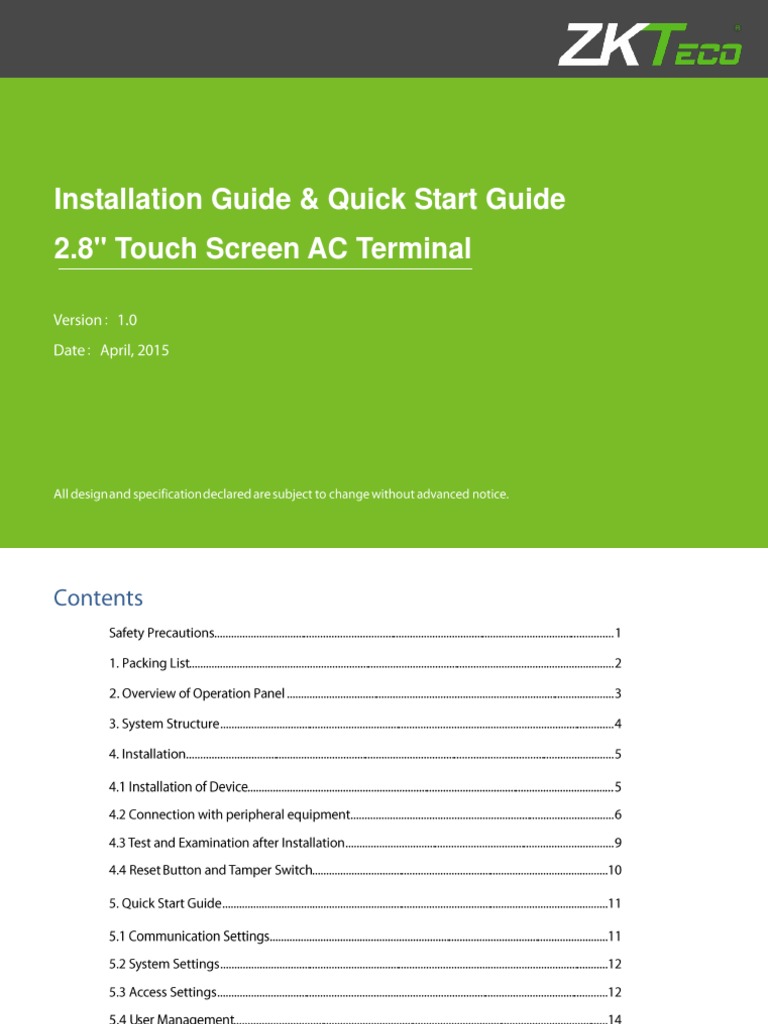 2.8 Touch Screen AC Terminal Installation Guide and Quick Start Guide | PDF