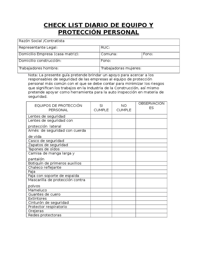 Check List Diario de Equipo y Protección Personal | PDF
