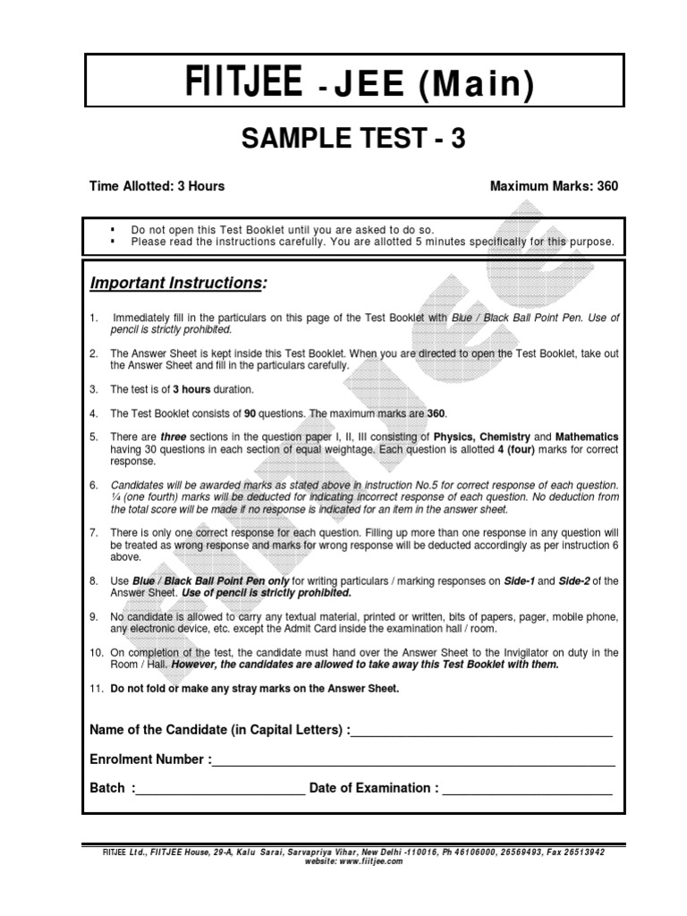 Jee Main Sample Test 3 With Ans Key | PDF | Velocity | Friction
