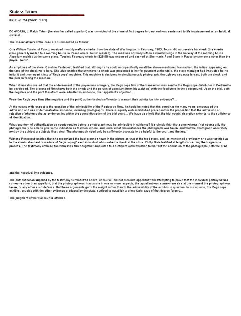State of Washington v. Tatum | PDF | Evidence | Cheque