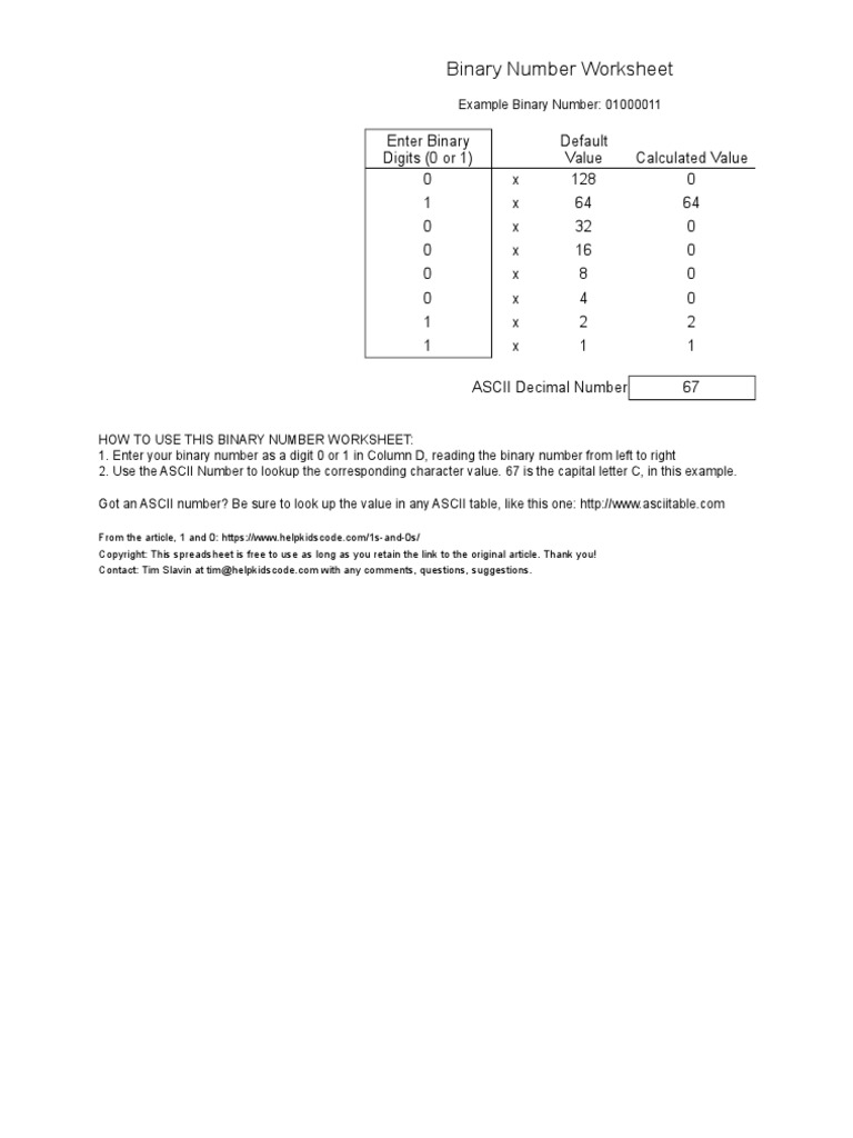 Binary Number Worksheet | PDF