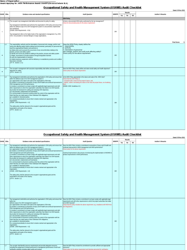 OSHMS Checklist(1) | Occupational Safety And Health | Risk Management ...