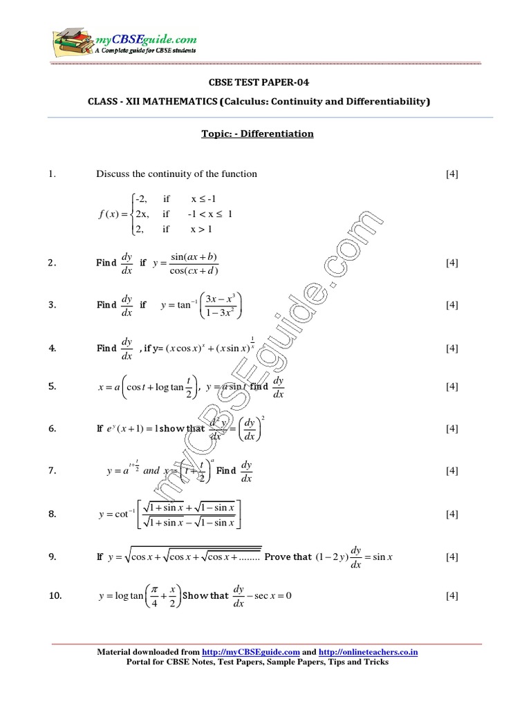 12 Mathematics Calculus Differentiability Test 03 | PDF | Teaching ...