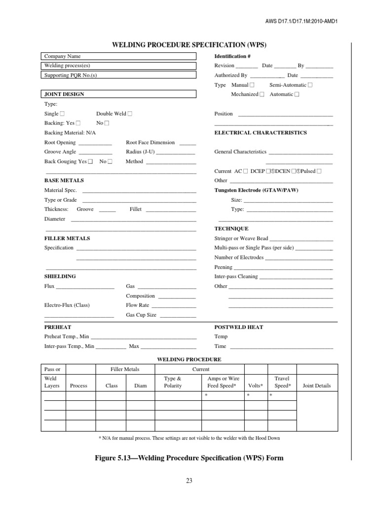 WPS - Sample - Form D17.1 D17.1M 2010 | PDF | Welding | Construction