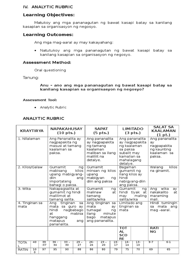 Analytic Rubric Pdf