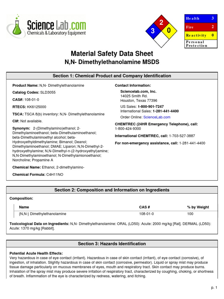 DMEA Msds | PDF | Toxicity | Flammability