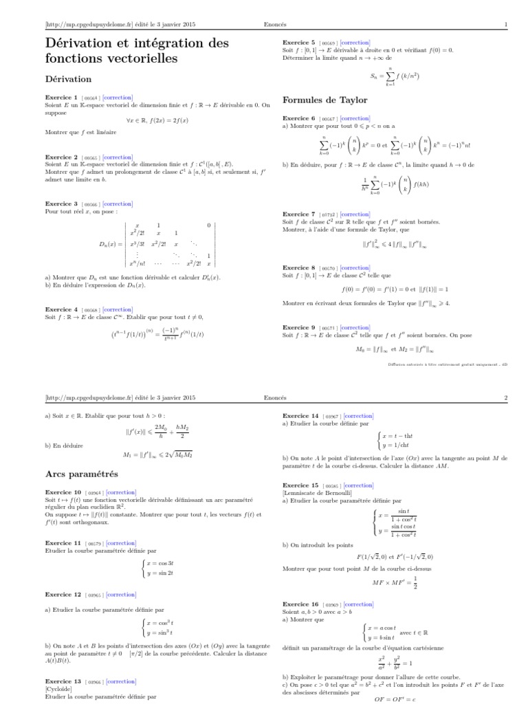 Dérivation Et Intégration Des Fonctions Vectorielles | PDF | Paramétrage | Courbe