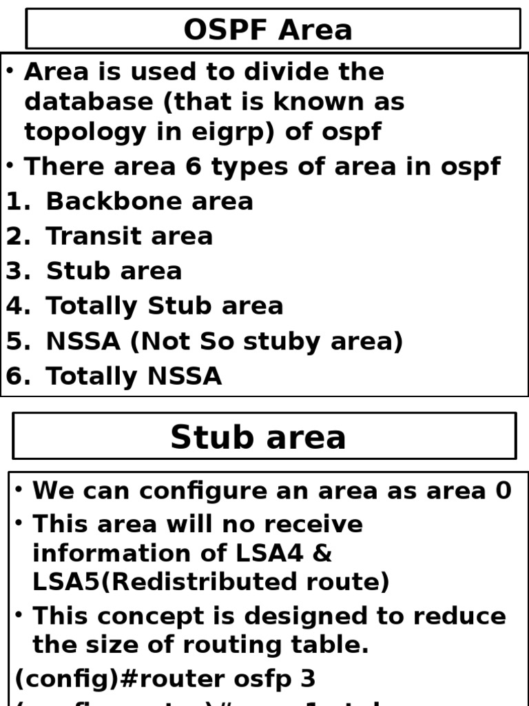 Configuring OSPF Area Types: A Breakdown of Stub, Totally Stub, and NSSA Areas | PDF