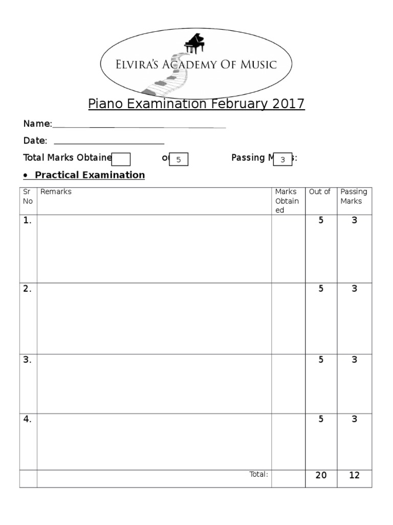 Piano Examination February 2017: Name: Date: Total Marks Obtained: Out ...