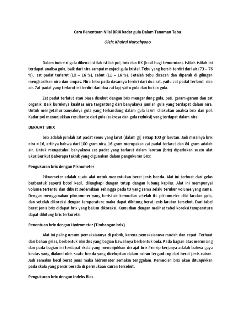 Analisis Kadar Brix dalam Tebu | PDF | Memasak, Makanan, & Anggur ...