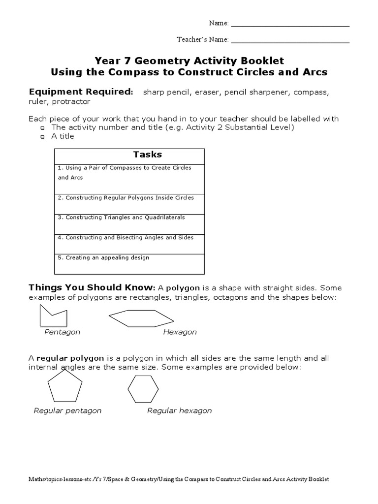 Using The Compass To Construct Circles and Arcs Activity Booklet-1 ...
