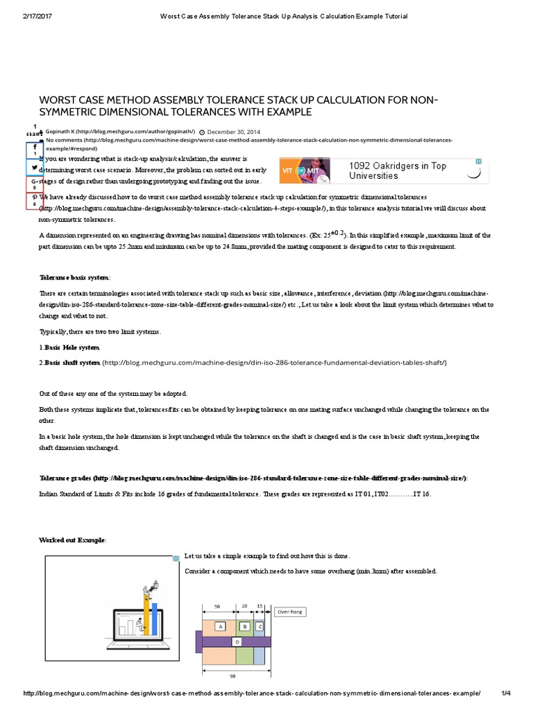 Worst Case Assembly Tolerance Stack Up Analysis Calculation Example ...