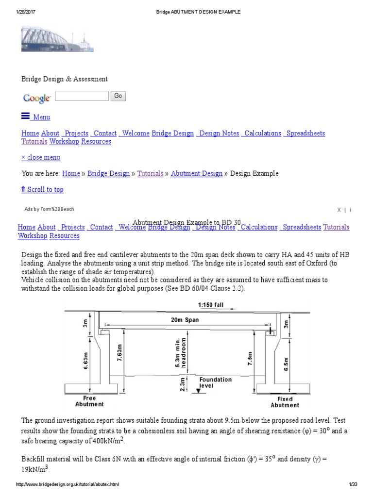 Bridge Abutment Design Example | PDF | Structural Load | Bearing ...