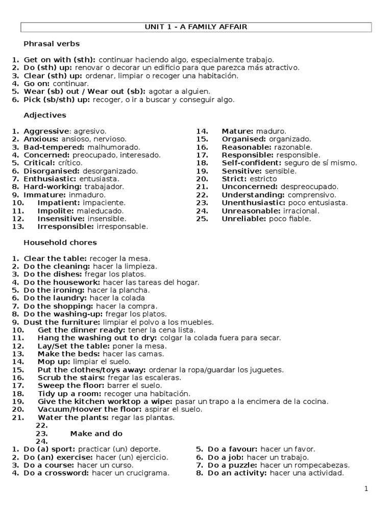 Fce - Unit 1 Vocabulary | PDF | Vida domestica | Inicio