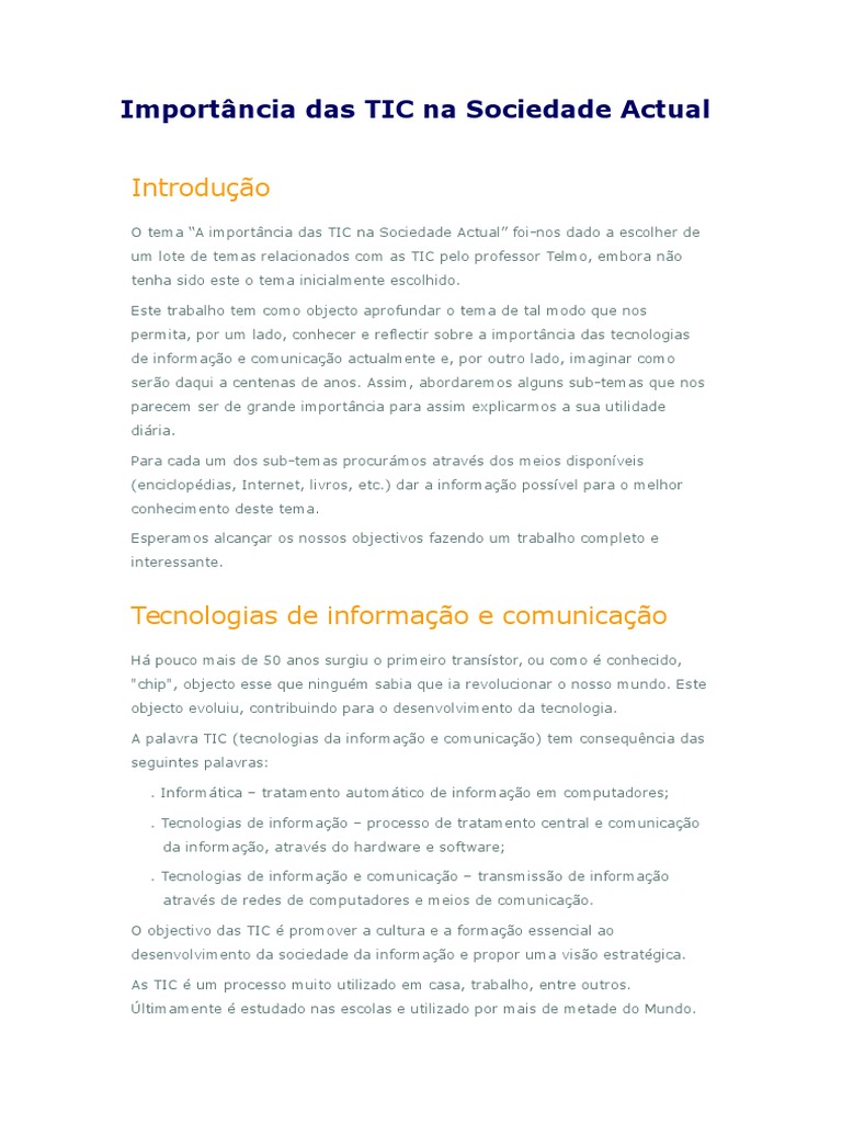 Importância Das TIC Na Sociedade Actual | PDF | Comunicação | Informação