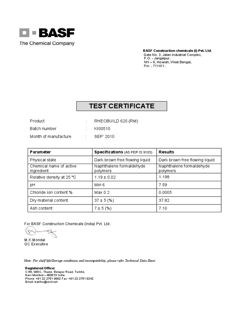 Test Certificate: For BASF Construction Chemicals (India) Pvt. LTD | PDF