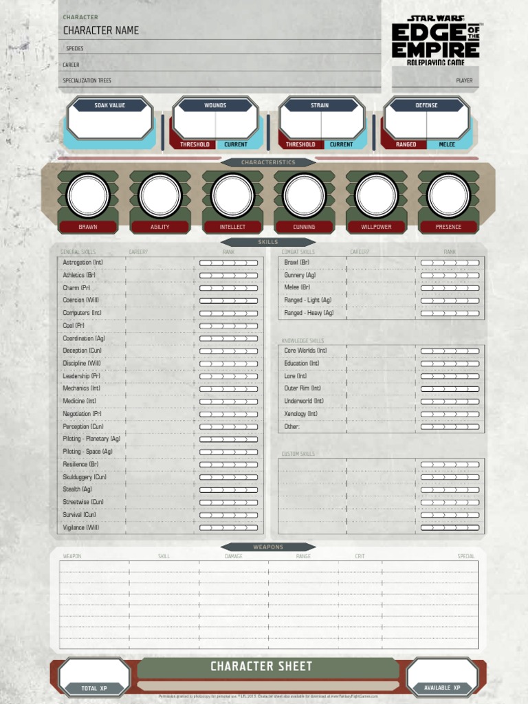 EotE Character Sheet | PDF | Role Playing | Leisure Activities