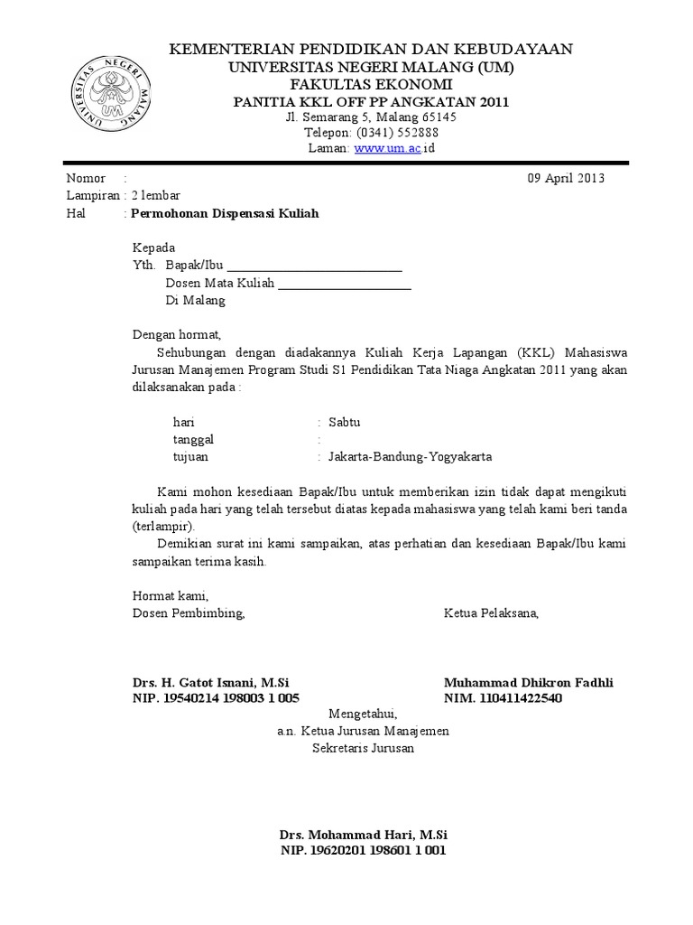 Surat Dispensasi KKL | PDF