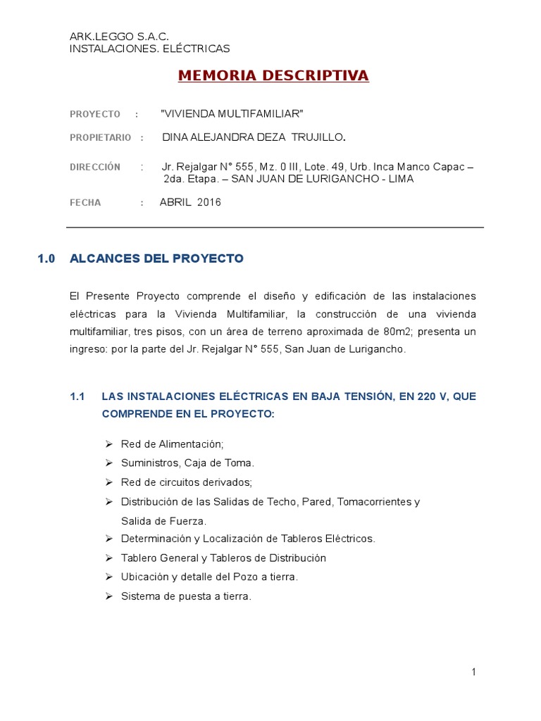 Memoria Descriptiva Electricas | PDF | Enchufes y tomas de corriente alterna | Resistencia ...