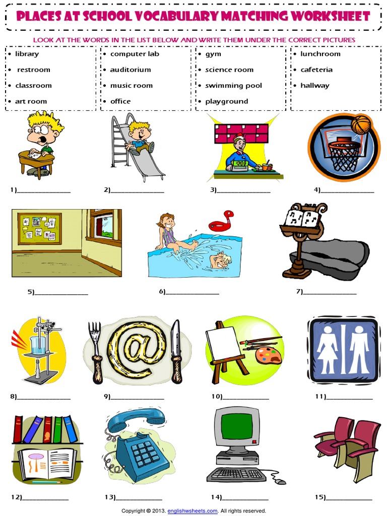 Places at School Vocabulary Matching Exercise Worksheet PDF | PDF ...