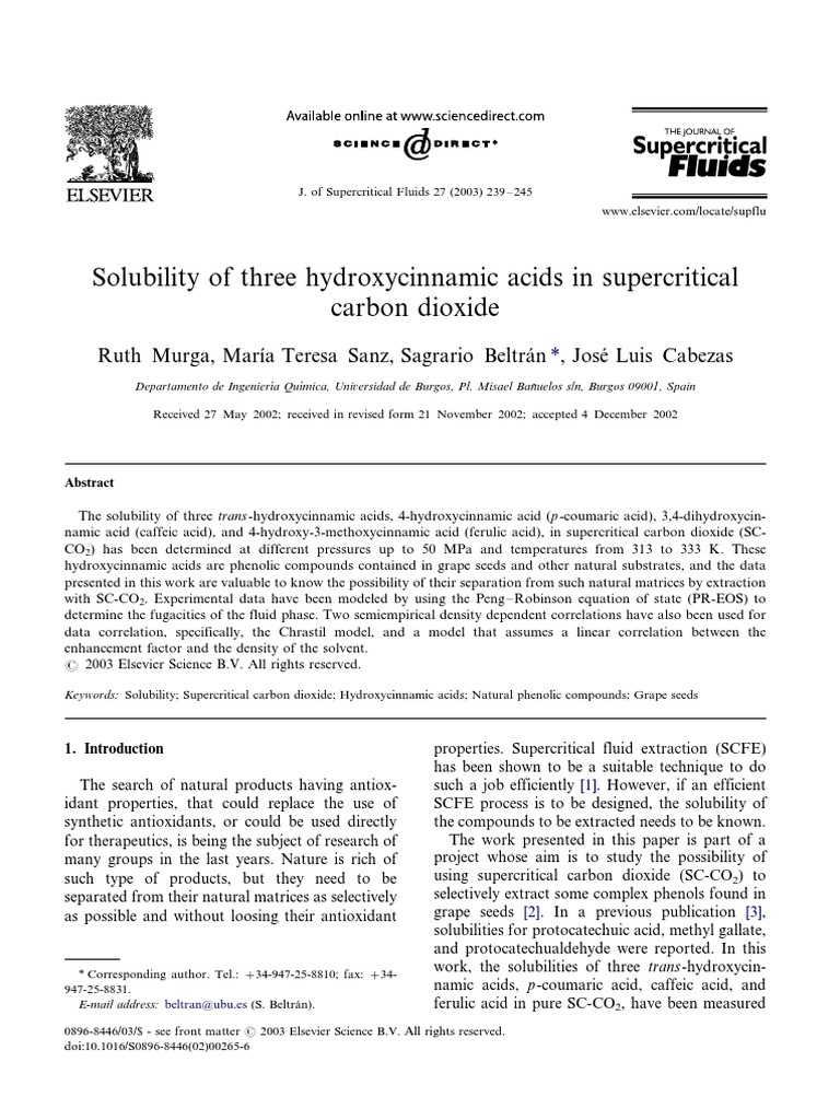 Solubility of Hydroxycinnamic Acids in SC-CO2 | PDF | Solubility ...