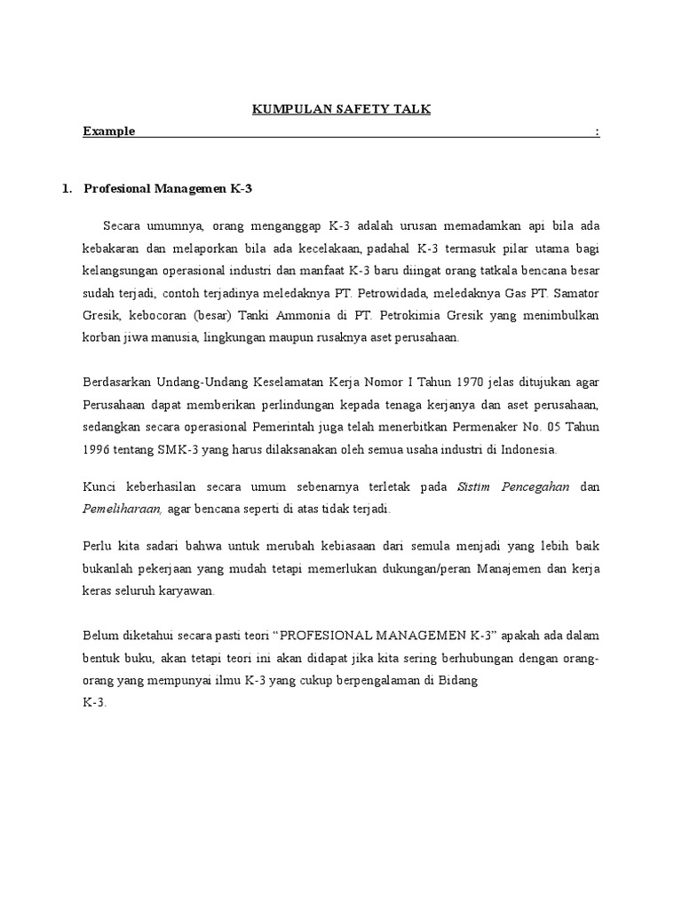 Contoh KUMPULAN SAFETY TALK | PDF