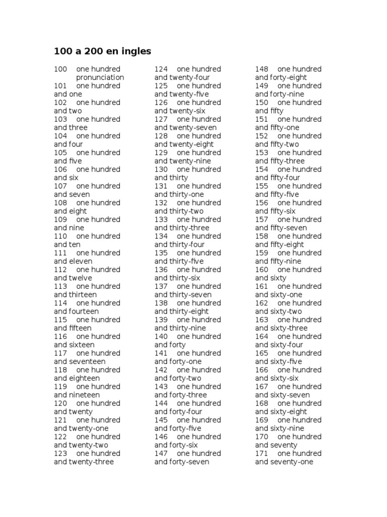 Números del 100 al 200 en inglés | PDF