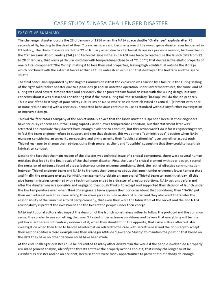 CVEN90043 Case Study 5 NASA Challenger Disaster (724447) PDF | PDF ...