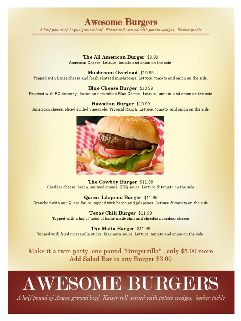 Menu Page 4 Burgers | PDF | Hamburgers | Salad