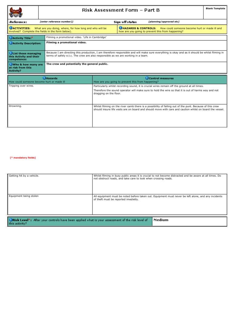 Risk Assessment Form - Part B: Reference: Sign-Off Status | PDF | Risk ...