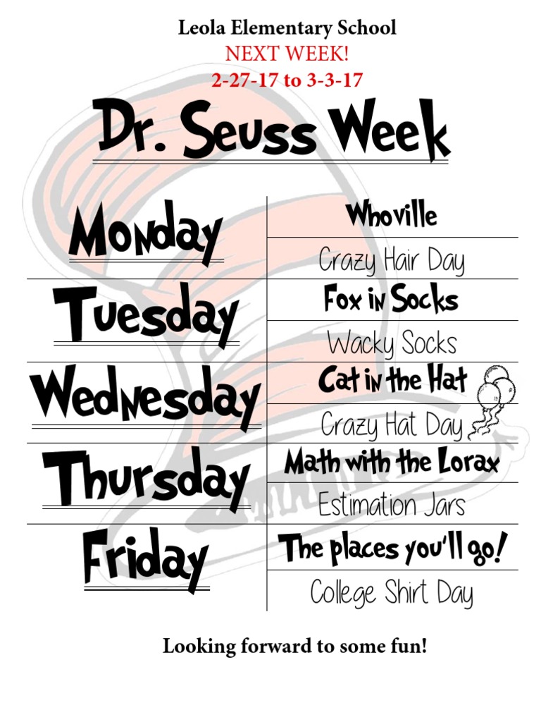 Dr. Seuss Week: Monday Tuesday Wednesday Thursday Friday | PDF