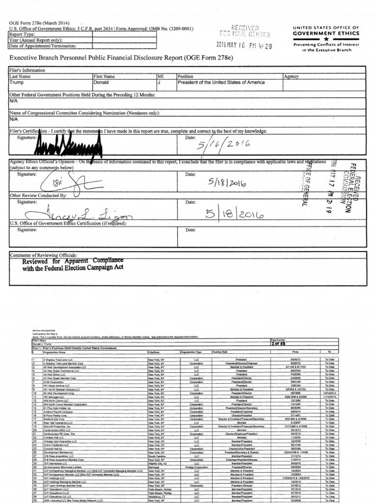 Donald Trump Personal Financial Disclosure (May 16, 2016) | PDF | The ...