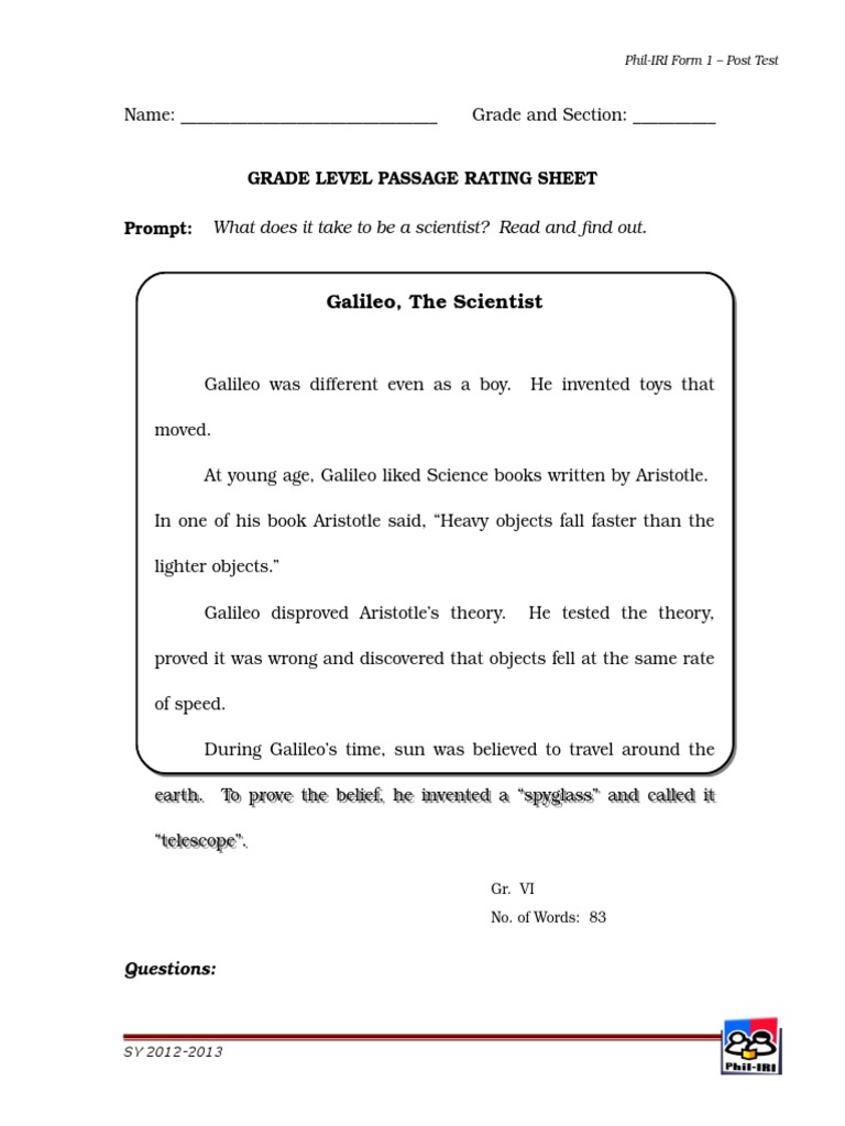 Grade 6.GALILEO - Posttest | PDF | Galileo Galilei | Telescope